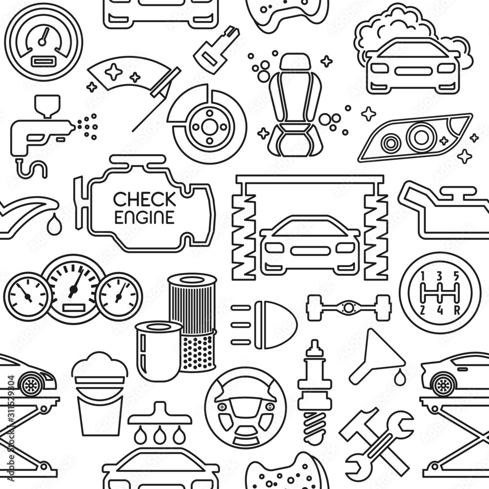 Auto spare parts seamless pattern. Car repair icons texture in outline ...