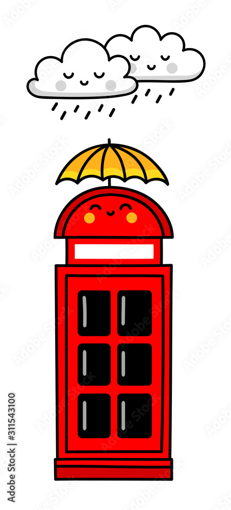 Red english telephone box in the rain. Cute cartoon character. Simple ...