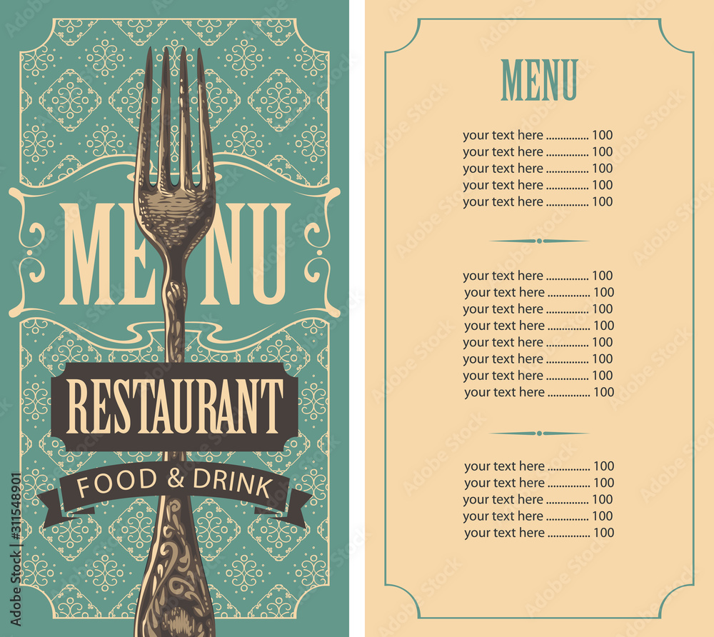 Vector menu for restaurant with price list and realistic fork in ...