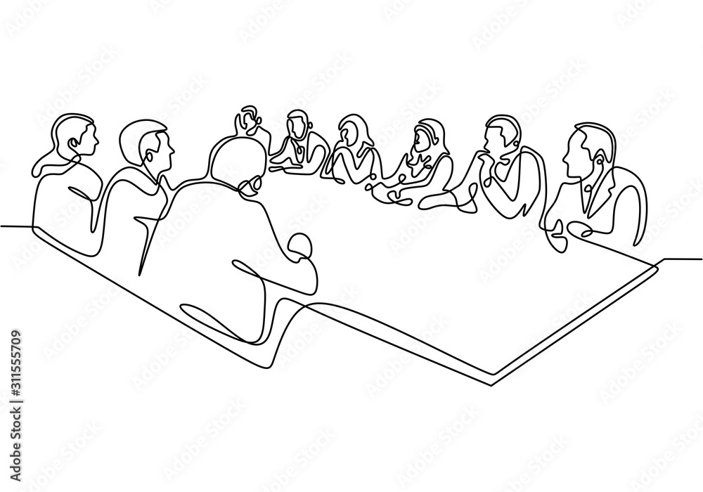 Continuous one line drawing of office workers at business meeting ...