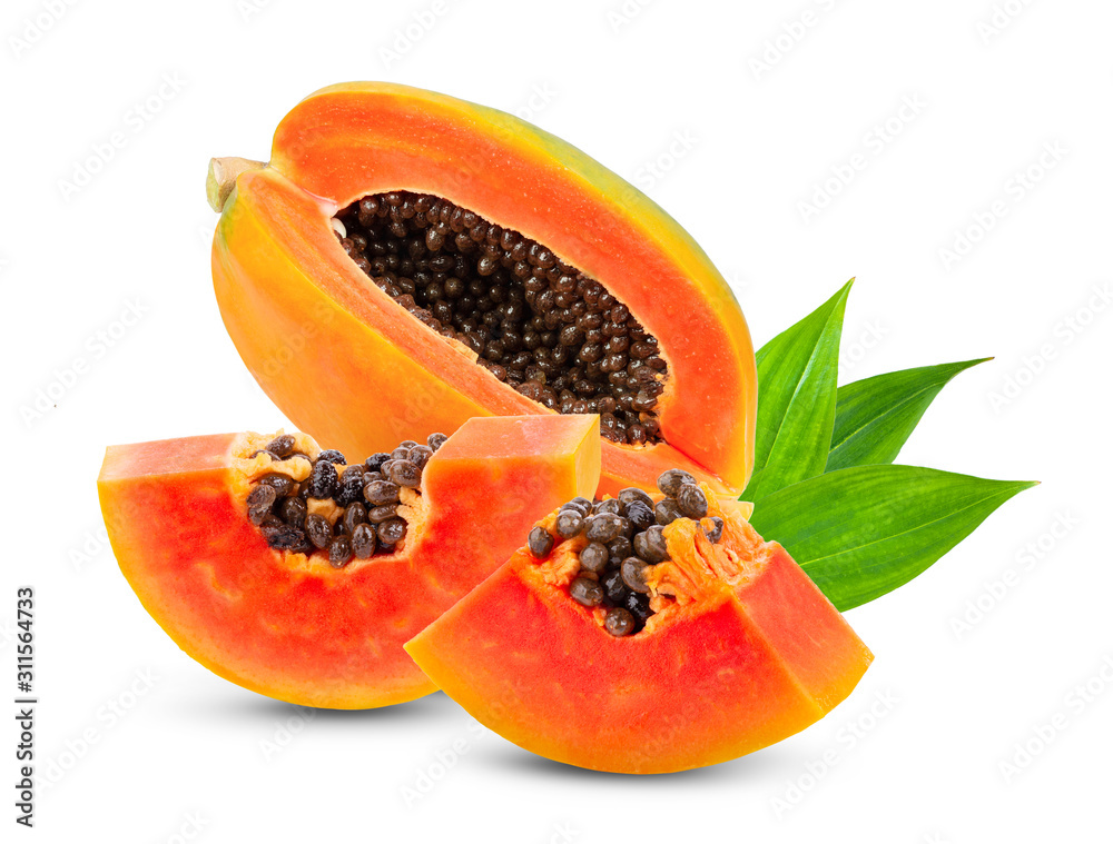 whole and half ripe papaya isolated on white background. full depth of ...