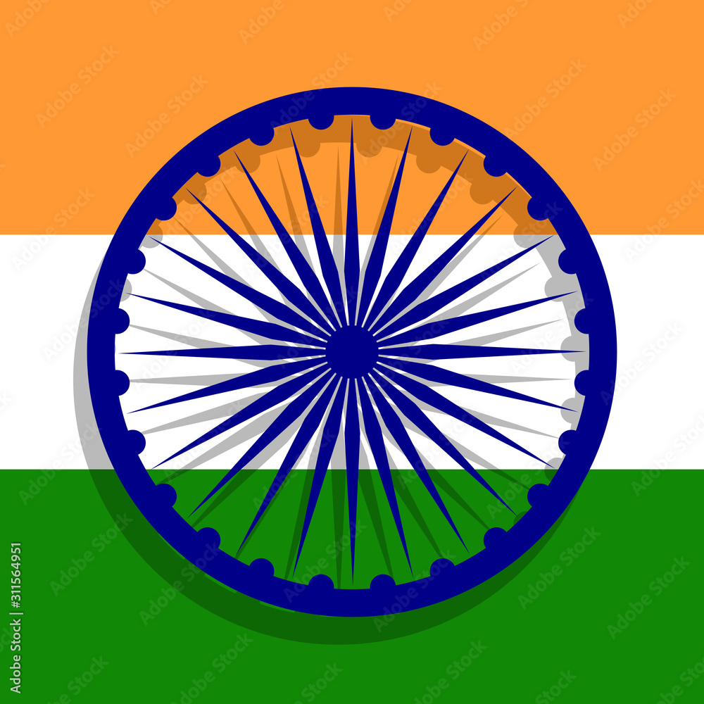 Ashoka Chakra In Front Of Indian National Flag Flat Illustration ashoka-chakra-in-front-of-indian-national-flag-flat-illustration