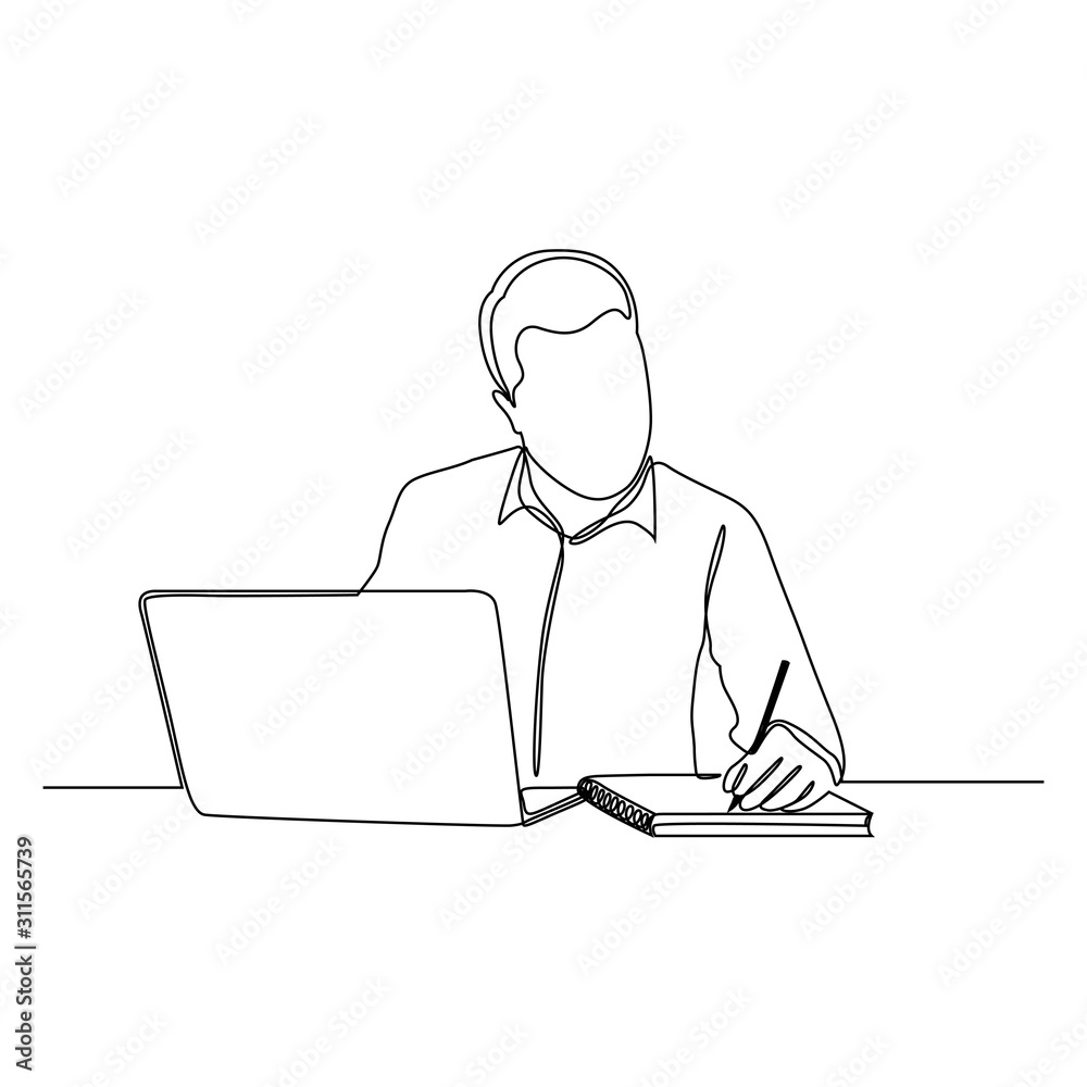 continuous line drawing of business man with laptop vector illustration ...