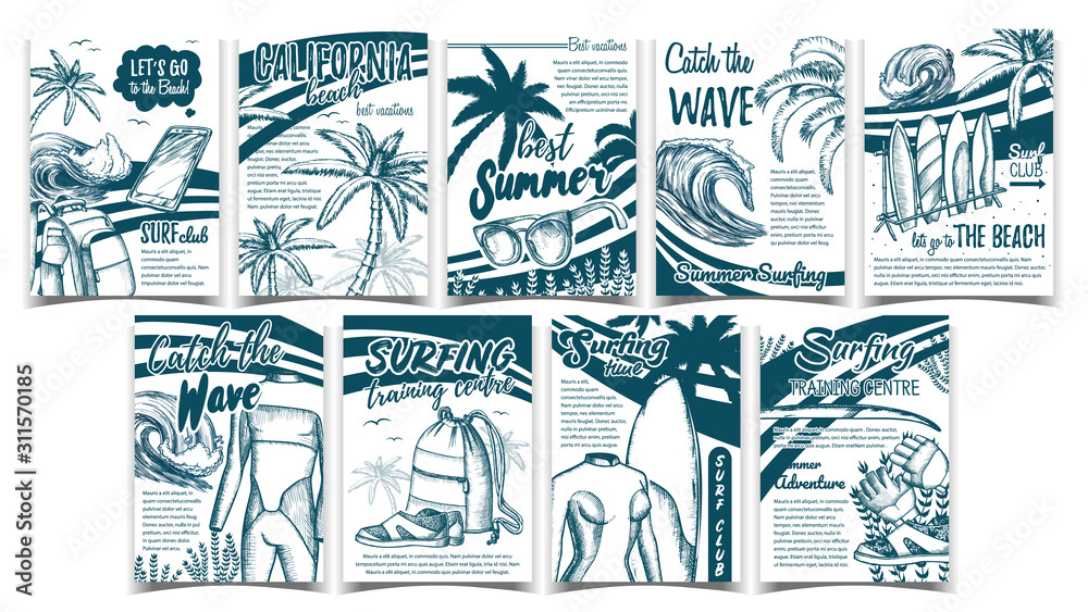 Wetsuits, Ocean Wave And Seaweed Set Banner Vector. Collection Of ...