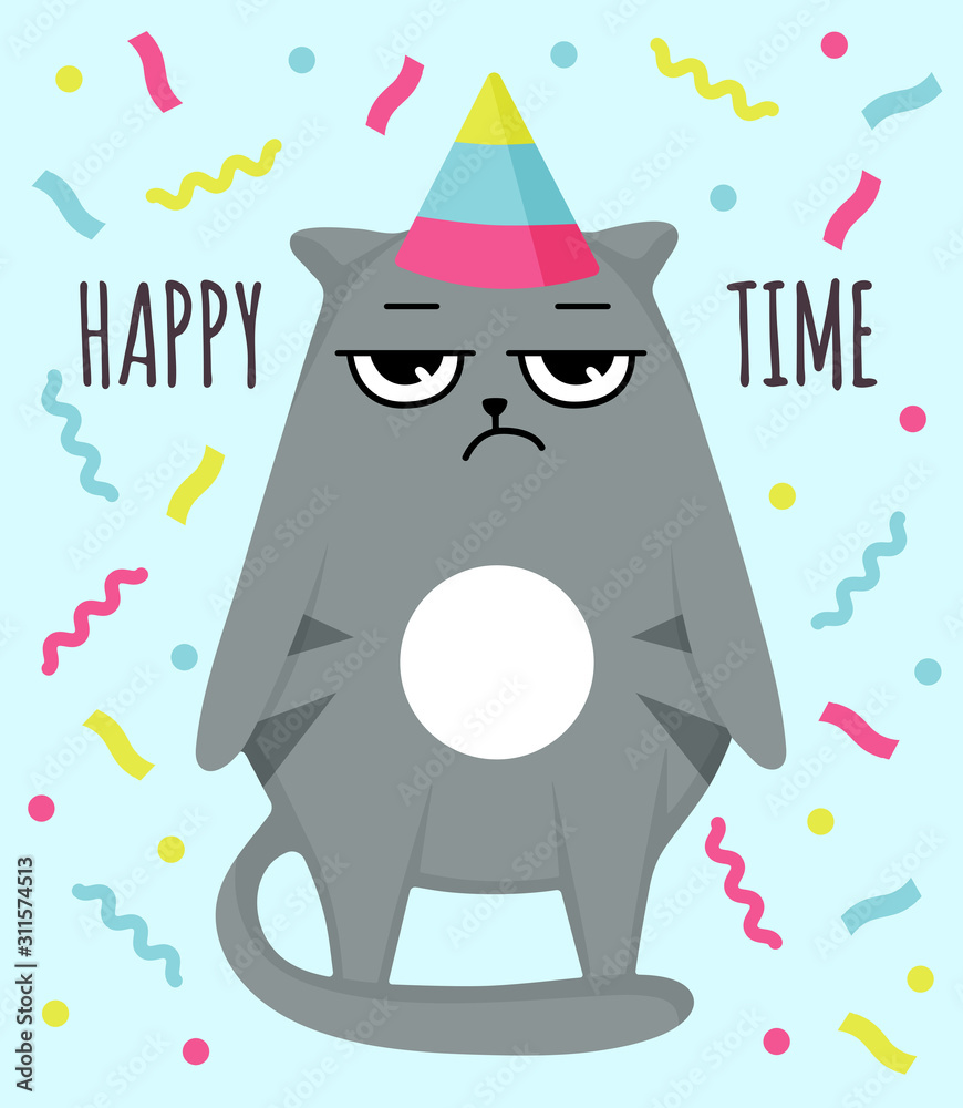 Grumpy cat character party time congratulatory funny postcards with ...