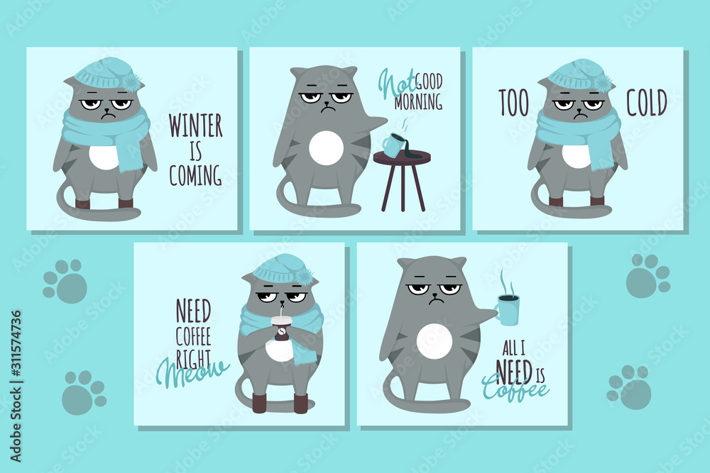 Grumpy cat character set funny postcards with slogans lettering ...