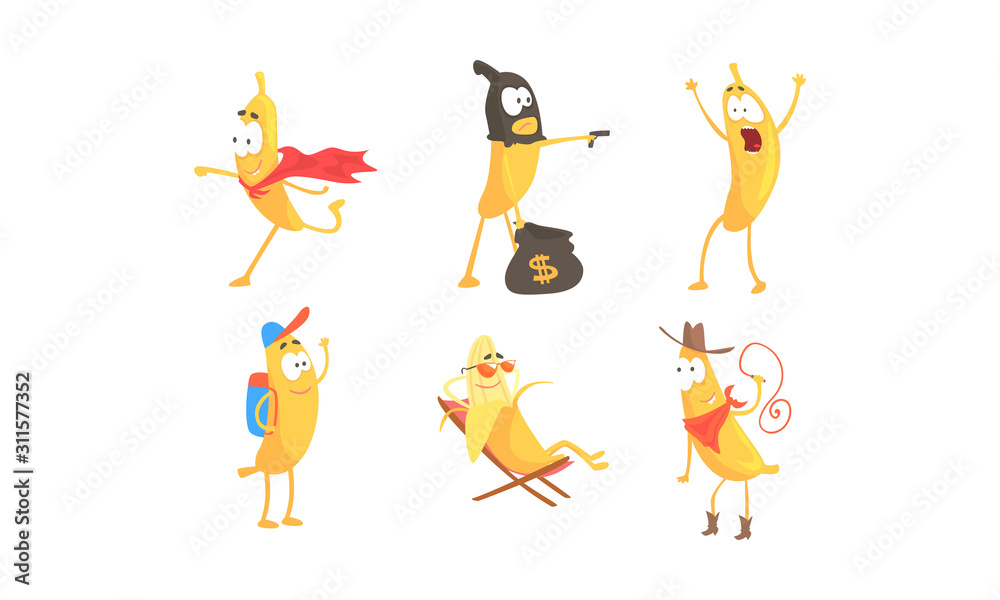 Cartoon Banana Character Doing Various Things Vector Set Stock Vector ...