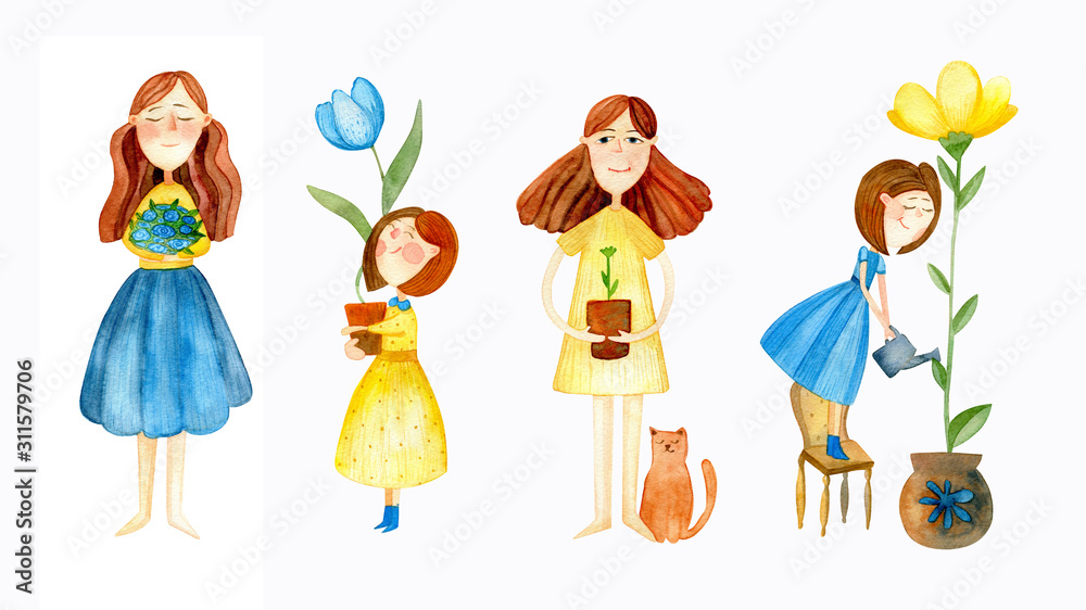 Watercolor hand painted girl with flowers. Can be used as postcard ...
