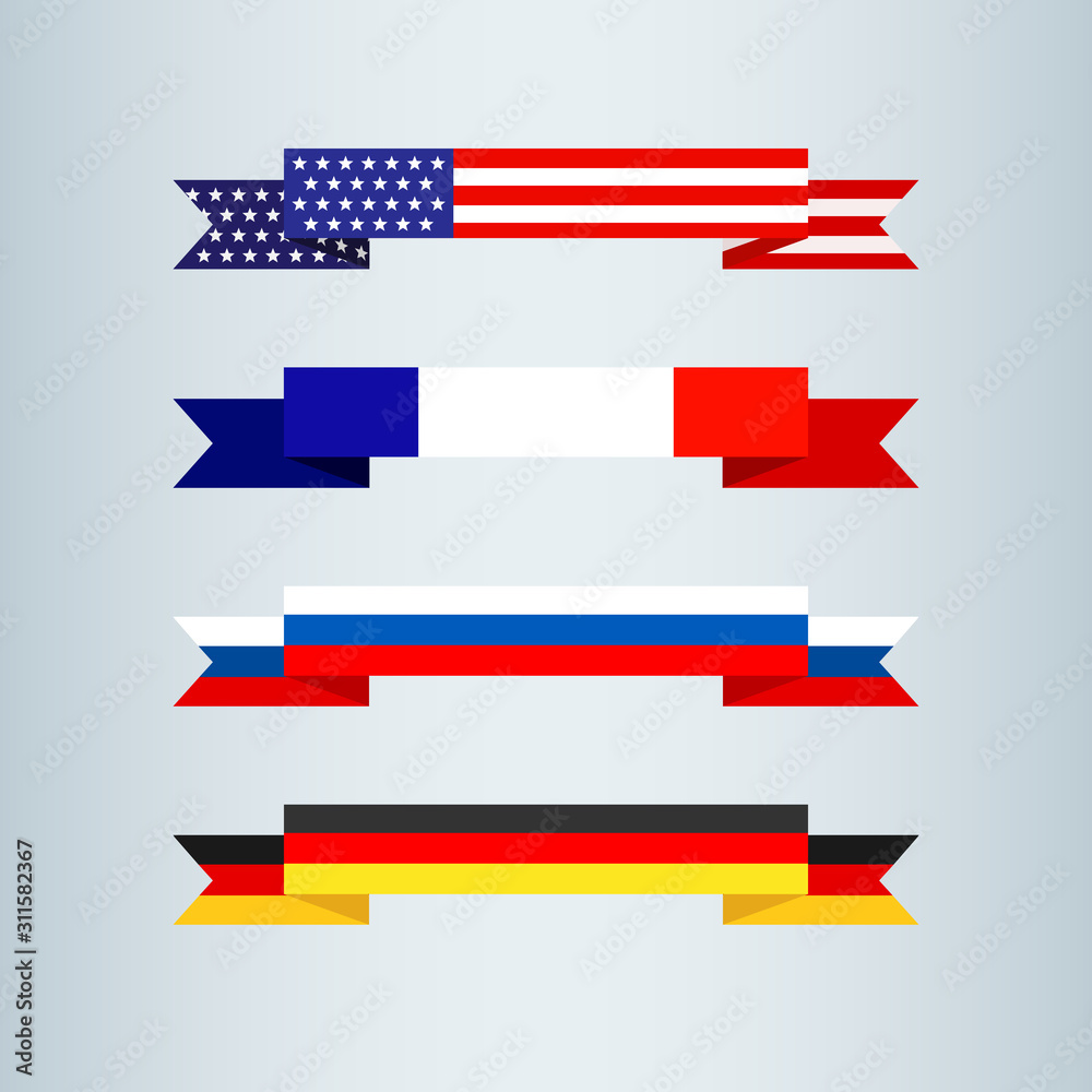 Flag ribbon of America USA France Germany Russia Set collection of ...