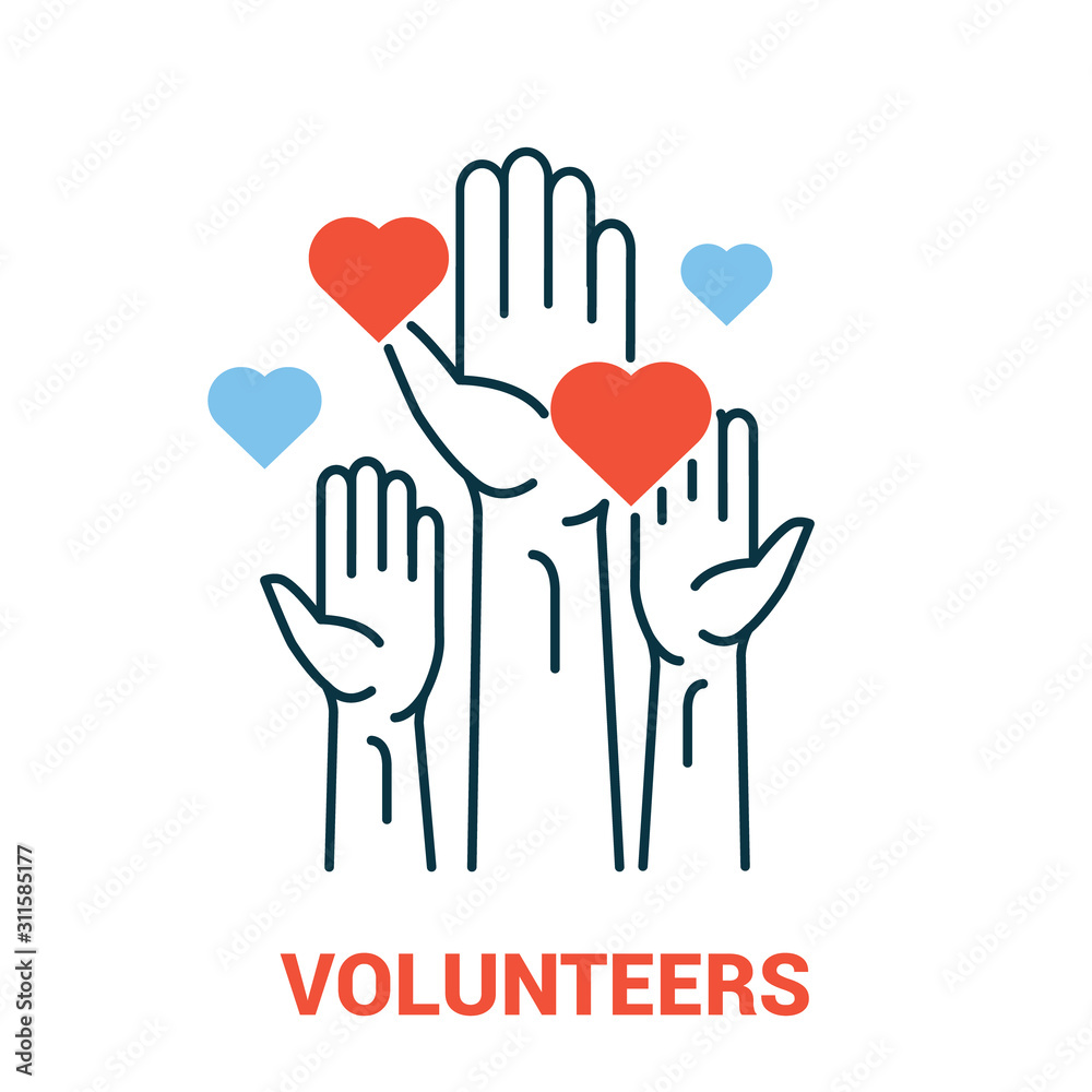 Volunteer vector icon heart care team. Charity volunteer hand symbol ...