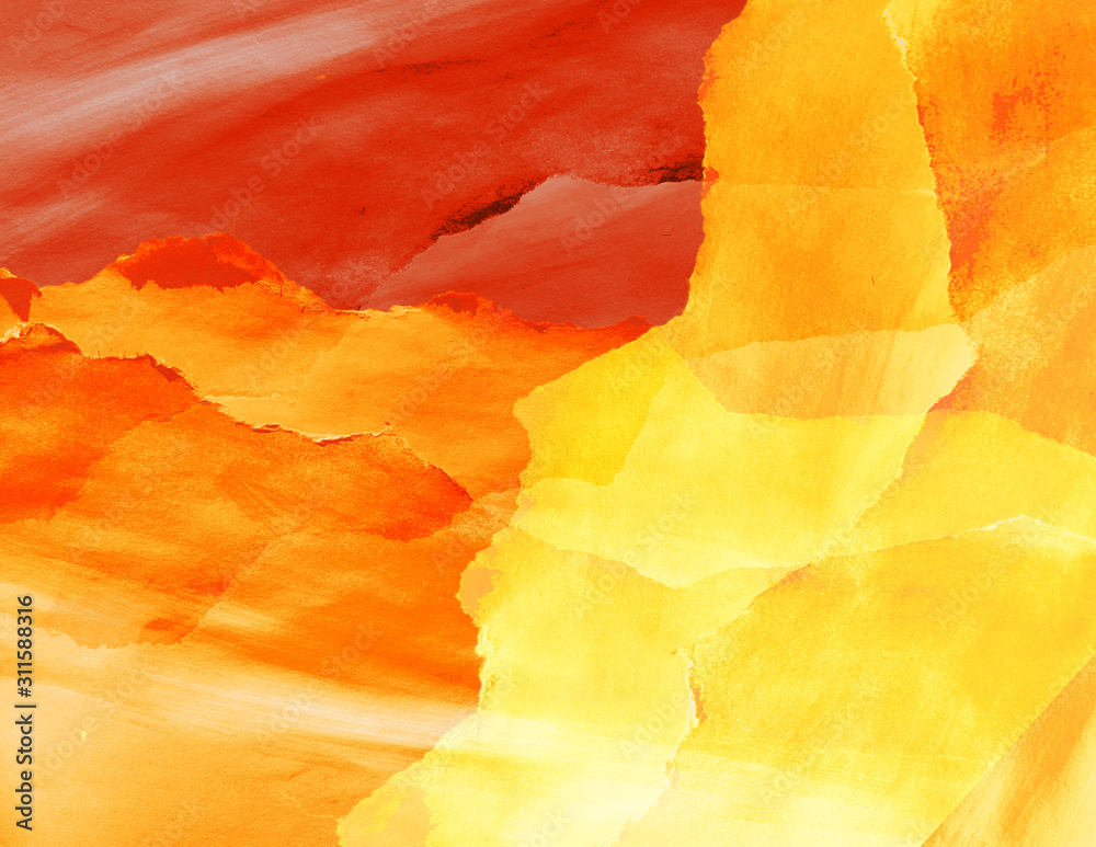 ripped paper watercolor texture background, red/orange/yellow layered ...