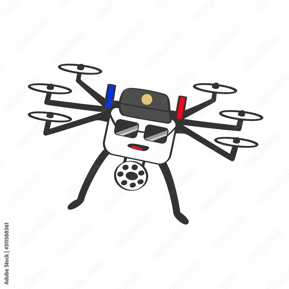 Cartoon drone policeman.Wireless device with propellers, Copter with ...