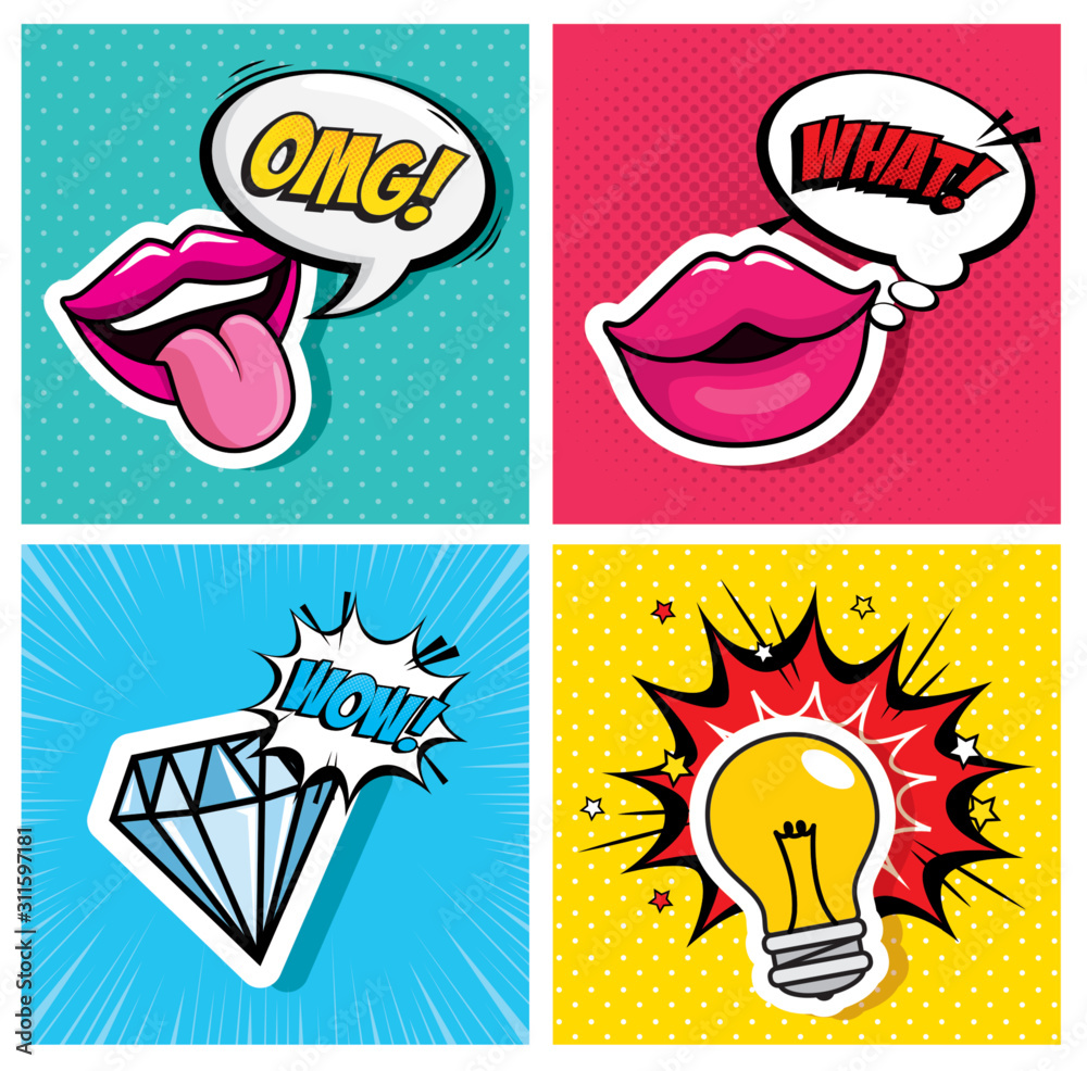 set of lips with diamond and light bulb style pop art design Stock ...