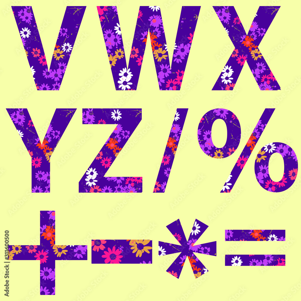 V W X Y Z alphabets and some basic mathematical symbols applied with ...