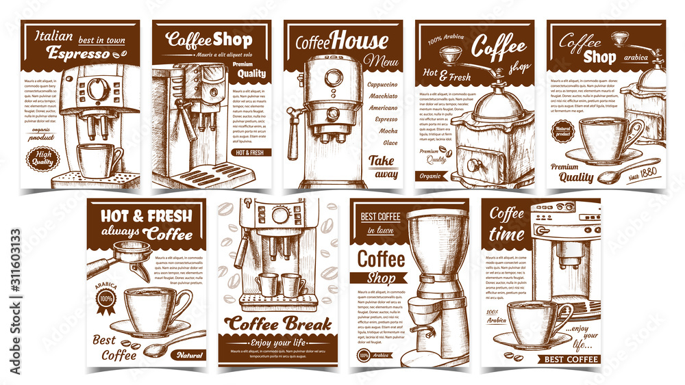 Coffee Machine, Holder And Cup Posters Set Vector. Portafilter, Manual ...