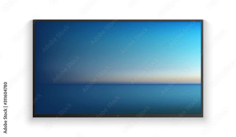 Vector realistic wide angle smart HD tv on the wall. Blue aerial ...