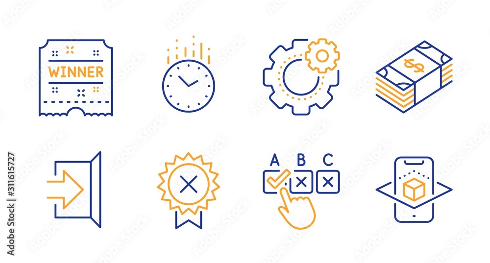 Cogwheel, Winner ticket and Usd currency line icons set. Correct checkbox, Exit and Reject medal ...