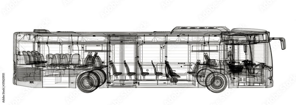 View of a sectioned city bus for passenger transport, project drawings ...
