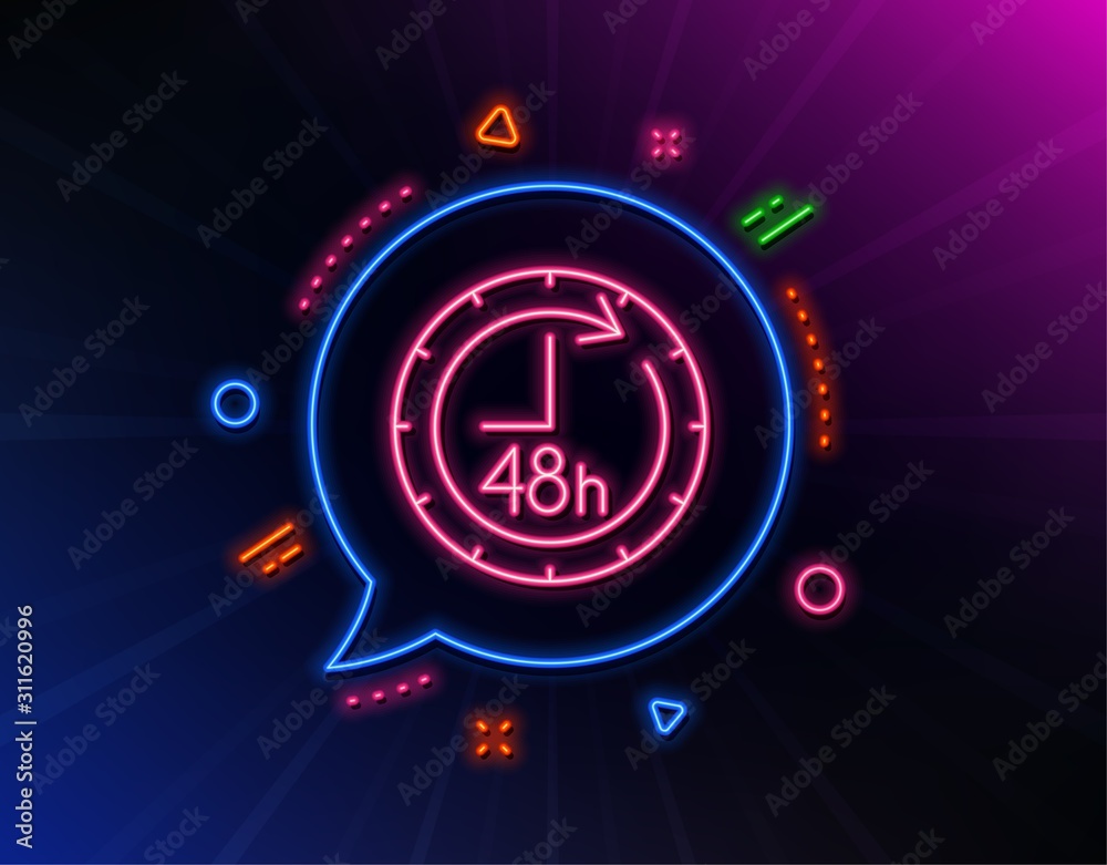 48 hours line icon. Neon laser lights. Delivery service sign. Glow ...