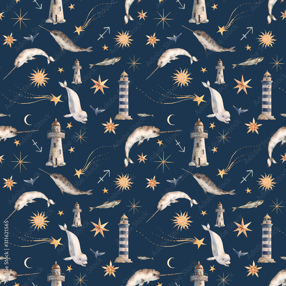 North sea wallpaper design: whales, lighthouse, navigation elements ...
