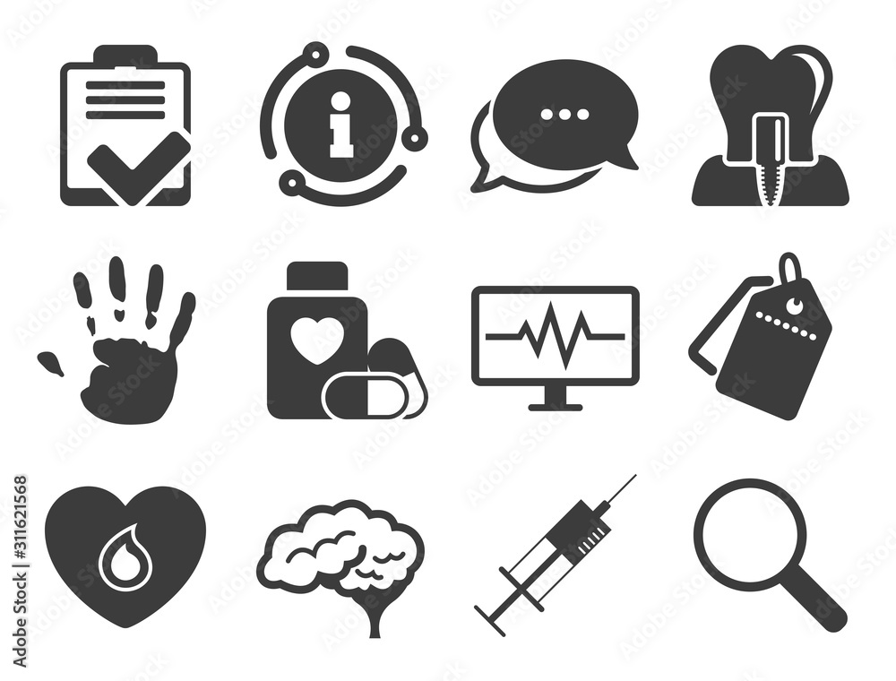 Blood, syringe injection and neurology signs. Discount offer tag, chat ...