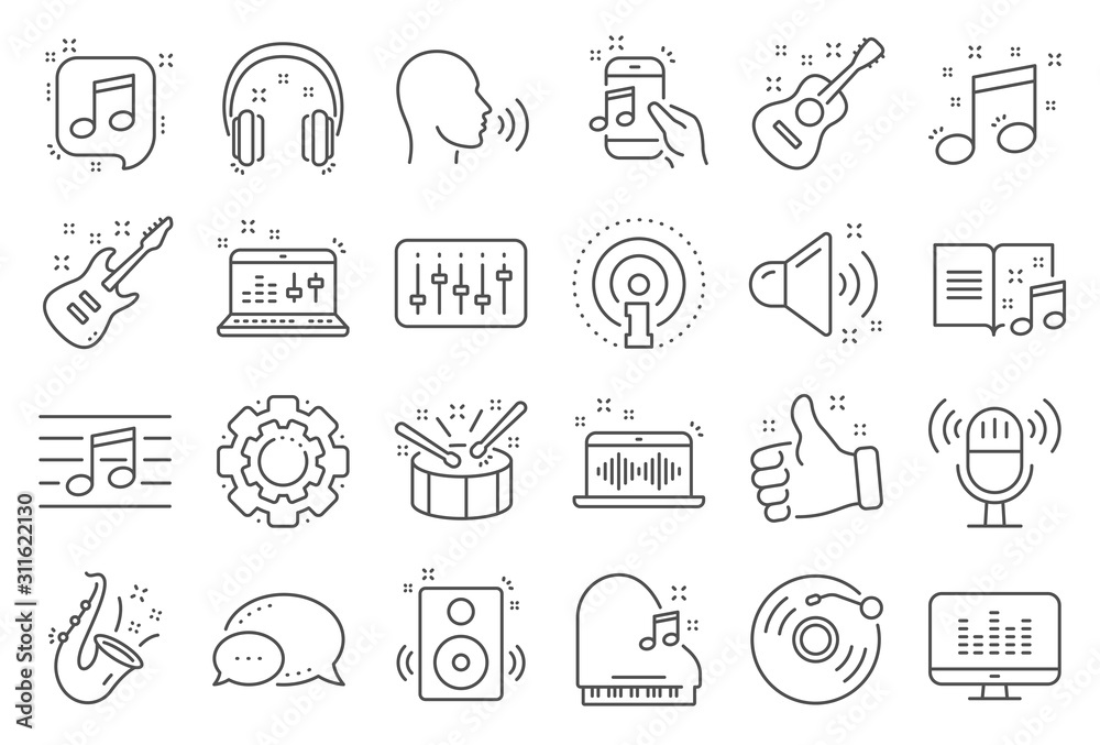 Music line icons. Set of Acoustic guitar, Musical note, Vinyl record ...