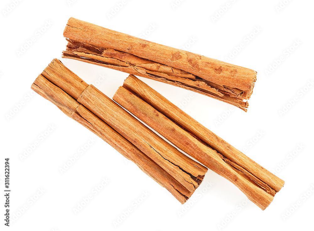 Three ceylon cinnamon sticks isolated on white background, top view ...