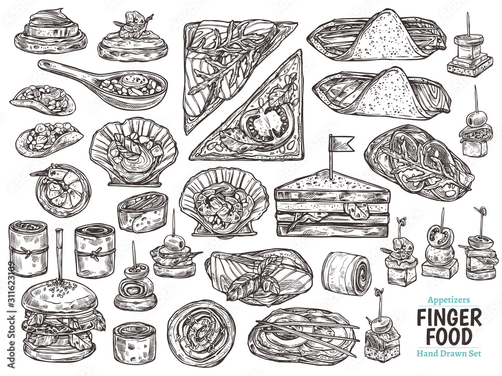 Set of restaurant, cafe finger food, snacks, appetizers, mini canapes ...