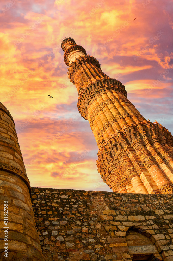 Famous Qutub minar shot from a very low angle showing the height of ...