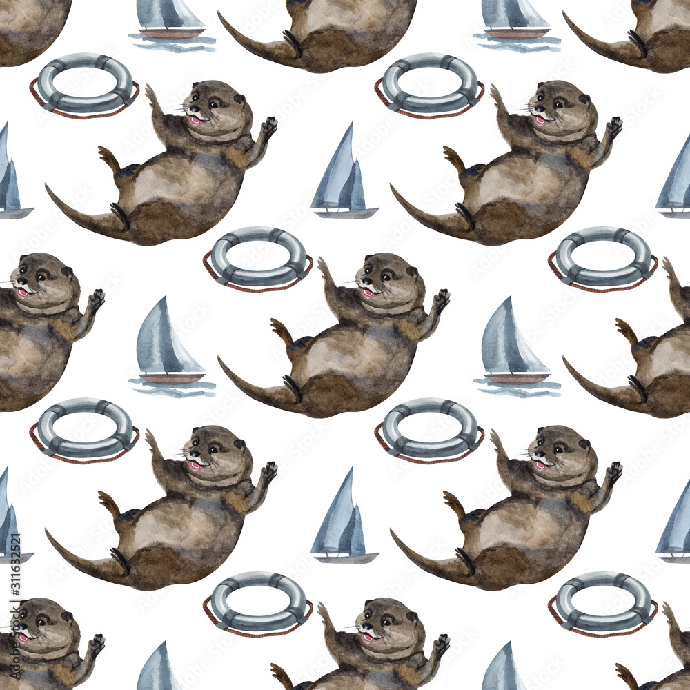 Watercolor seamless pattern with otter hand drawing decorative ...
