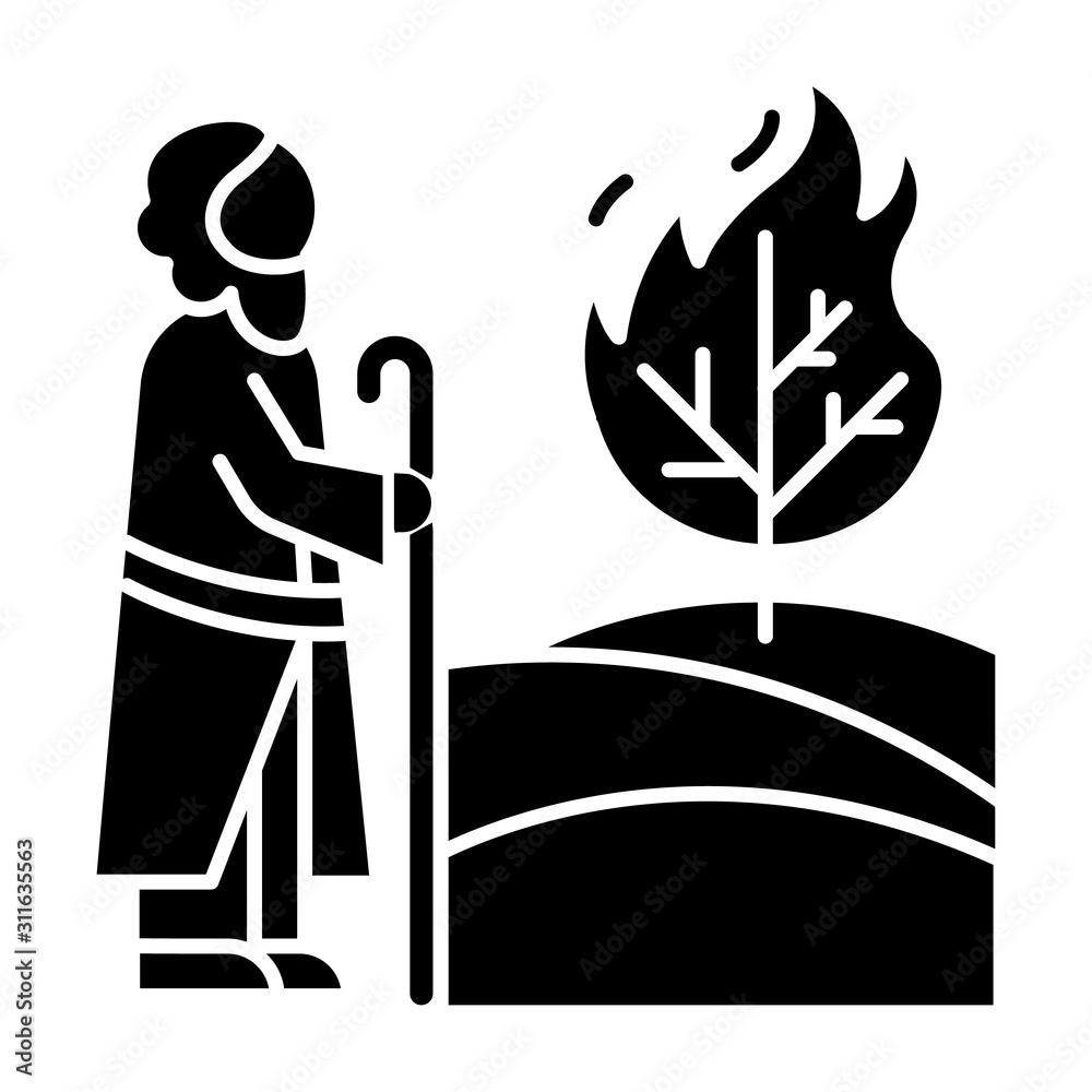Vecteur Stock Moses and the burning bush Bible story glyph icon ...
