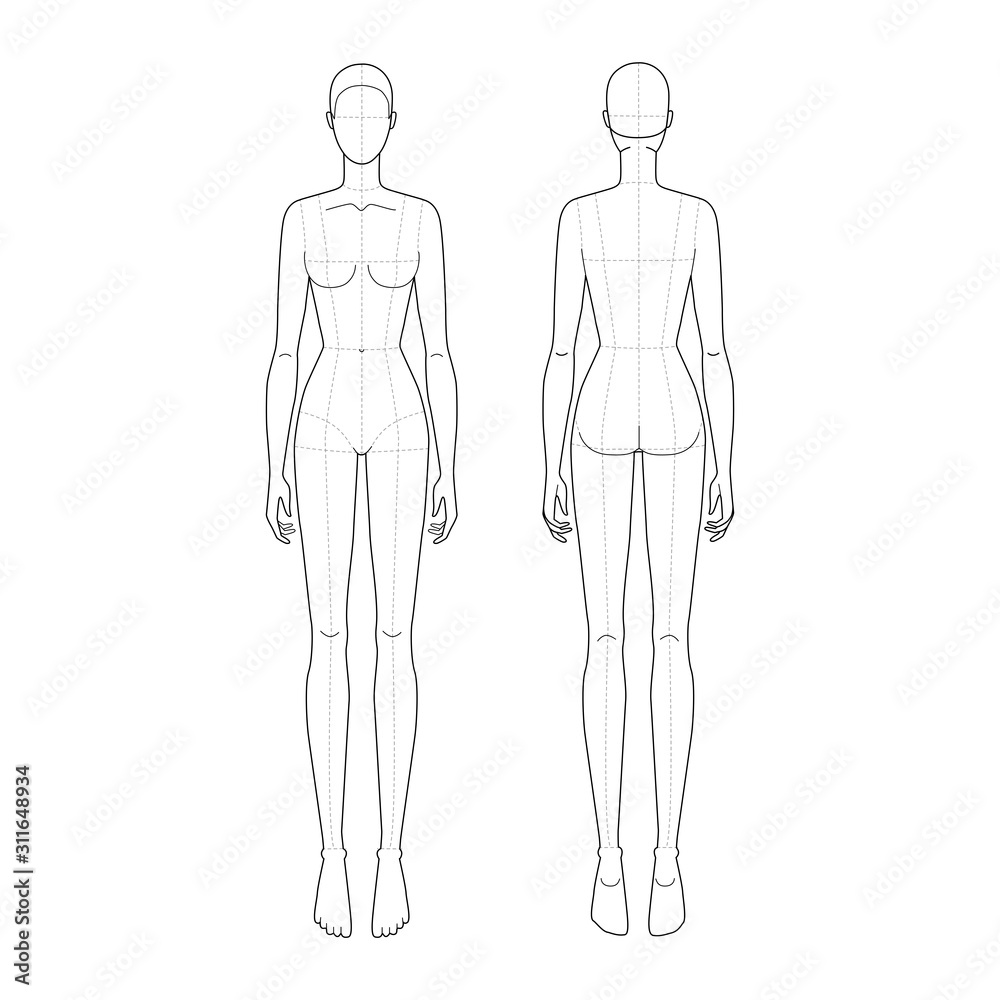 Fashion template 9 head for technical drawing. Stock Vector | Adobe Stock