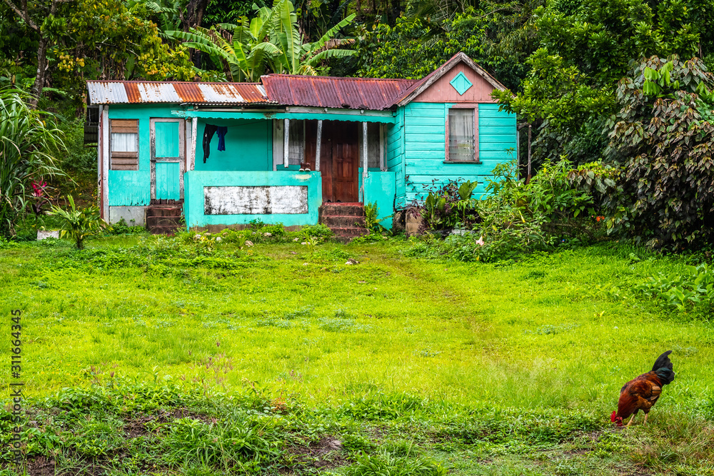 Modest old country house with rusty zinc roof. Small dwelling in the ...