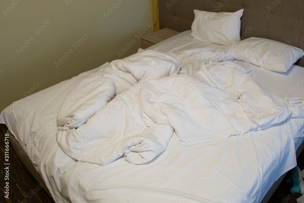 unmade bed, dirty linen, poor hotel service. dirty hostel, not a ...