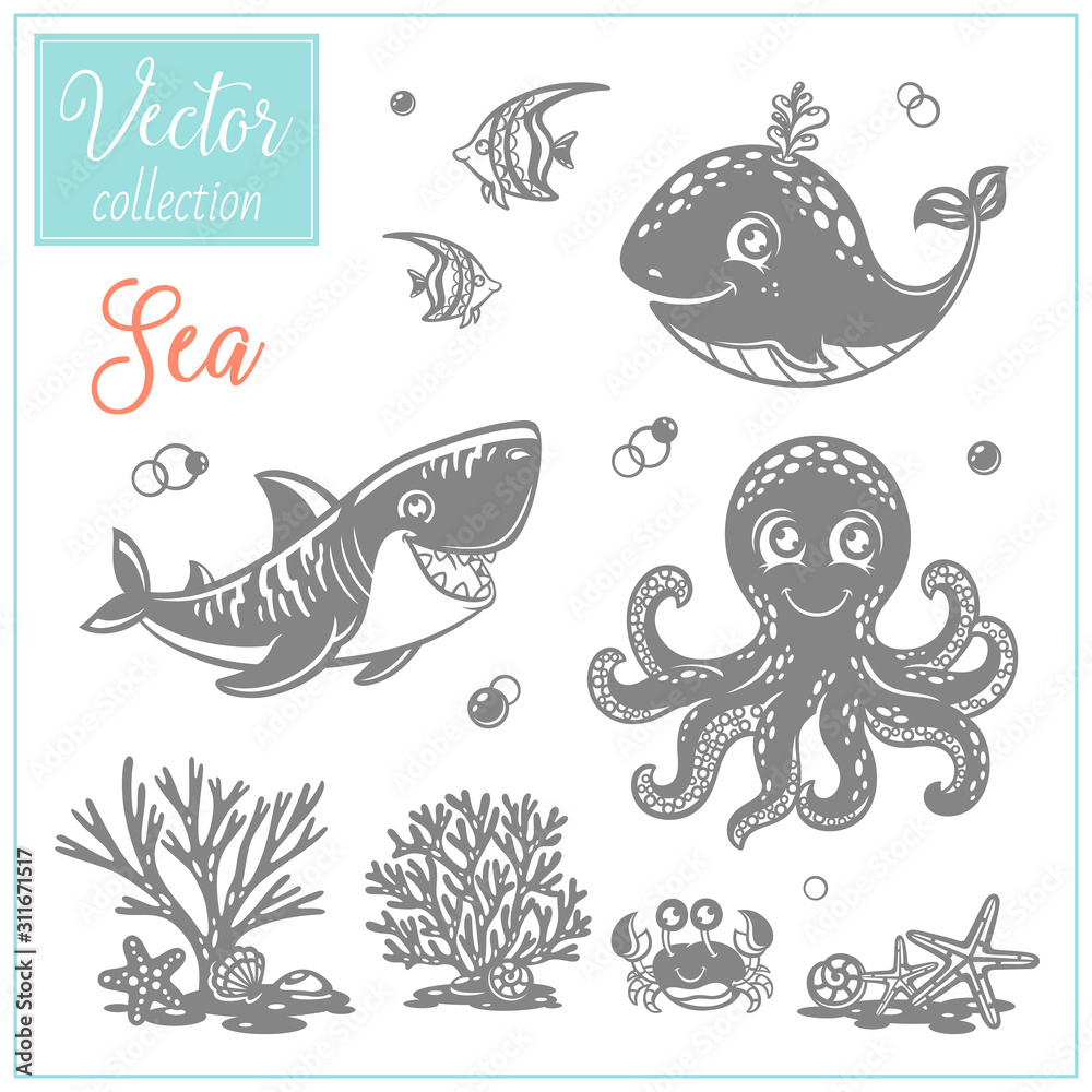 Sea animals and fish. Sea. Underwater life. Vector collection of ...