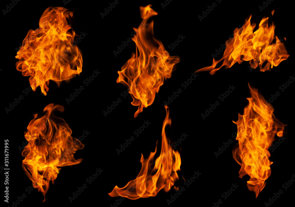 Fire collection set of flame burning isolated on dark background for ...