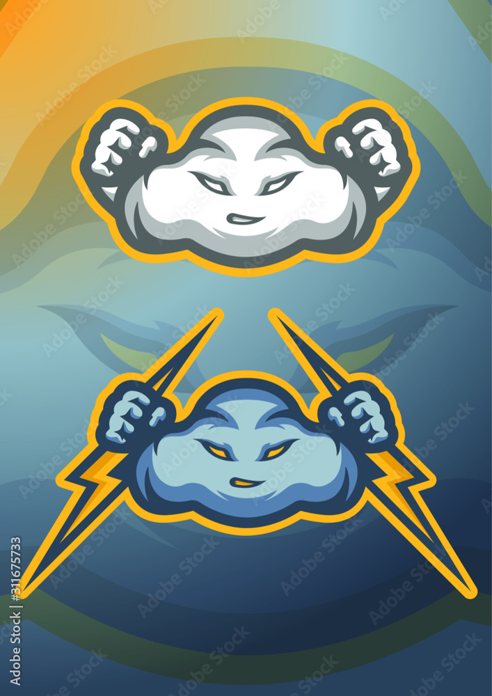 stock vector angry cloud holding lightning mascot. logo, badge, esport ...