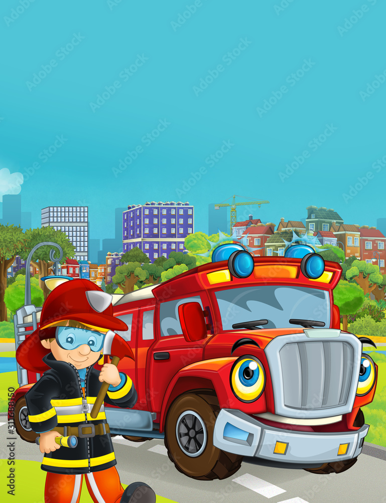 cartoon scene with fireman vehicle on the road driving through the city ...