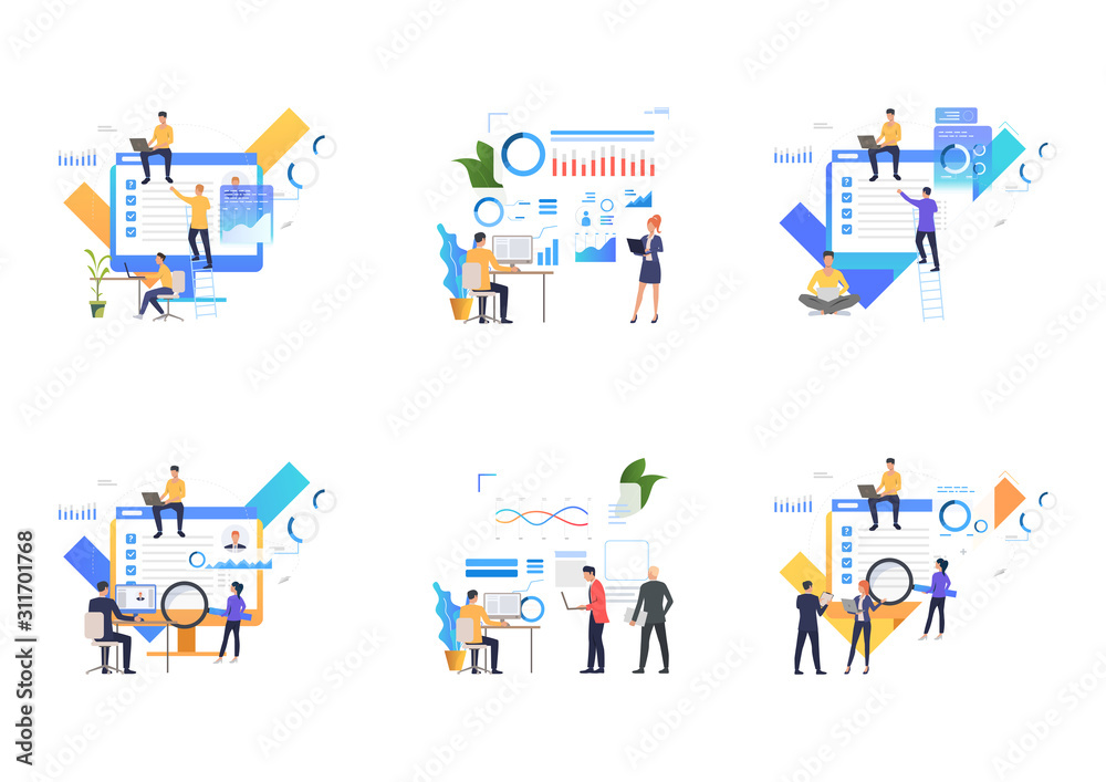 Set of business people analyzing graphs and doing notes. Flat vector ...
