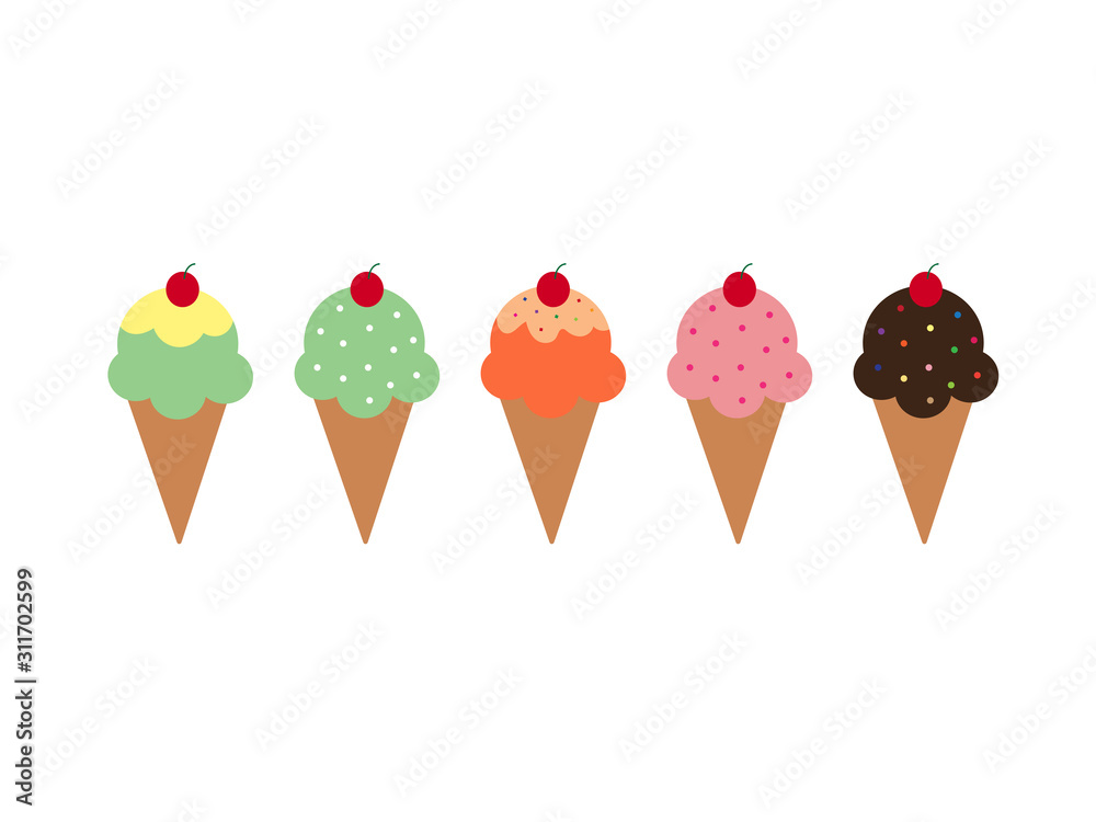 Ice cream cone scoop with cherry topping collection set in different ...