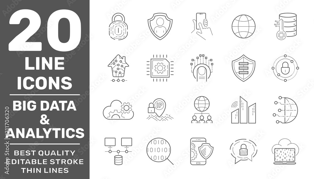 Big data and Data analysis vector line icons, minimal pictogram design ...