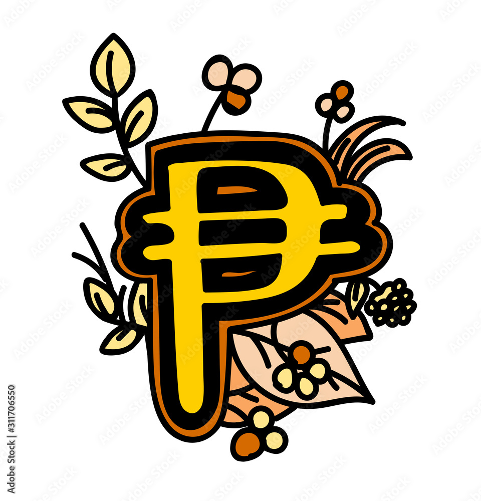 Hand drawn bright doodle with leaves and berries Philippine Peso ...