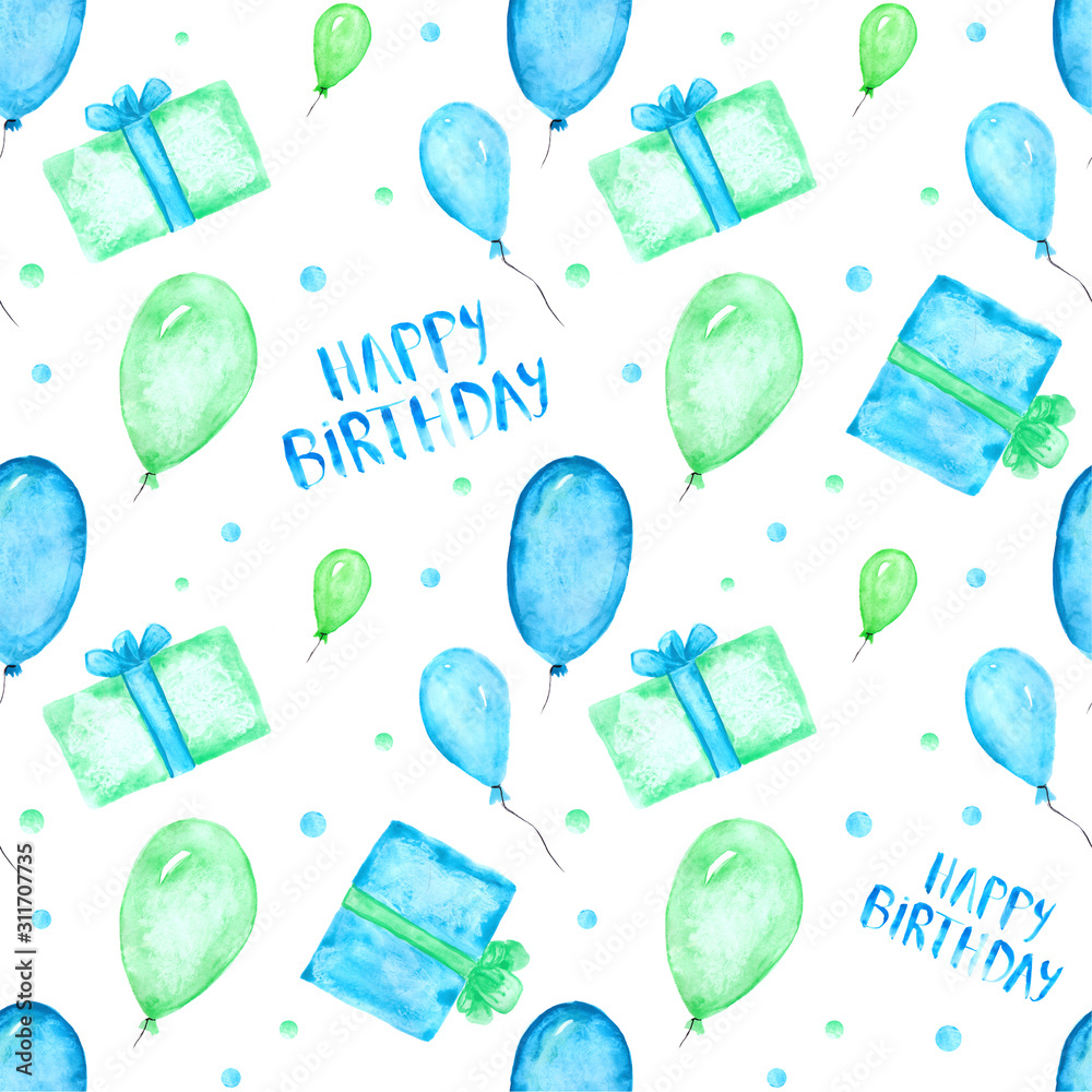 Blue and green watercolor birthday seamless pattern with balloons, cake ...