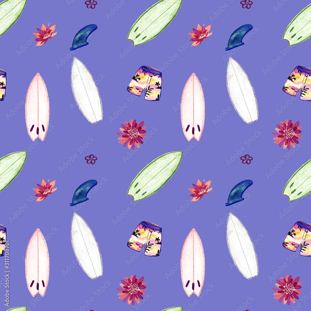 Shortboards for surfing, flowers, shorts and fins. Seamless watercolor ...