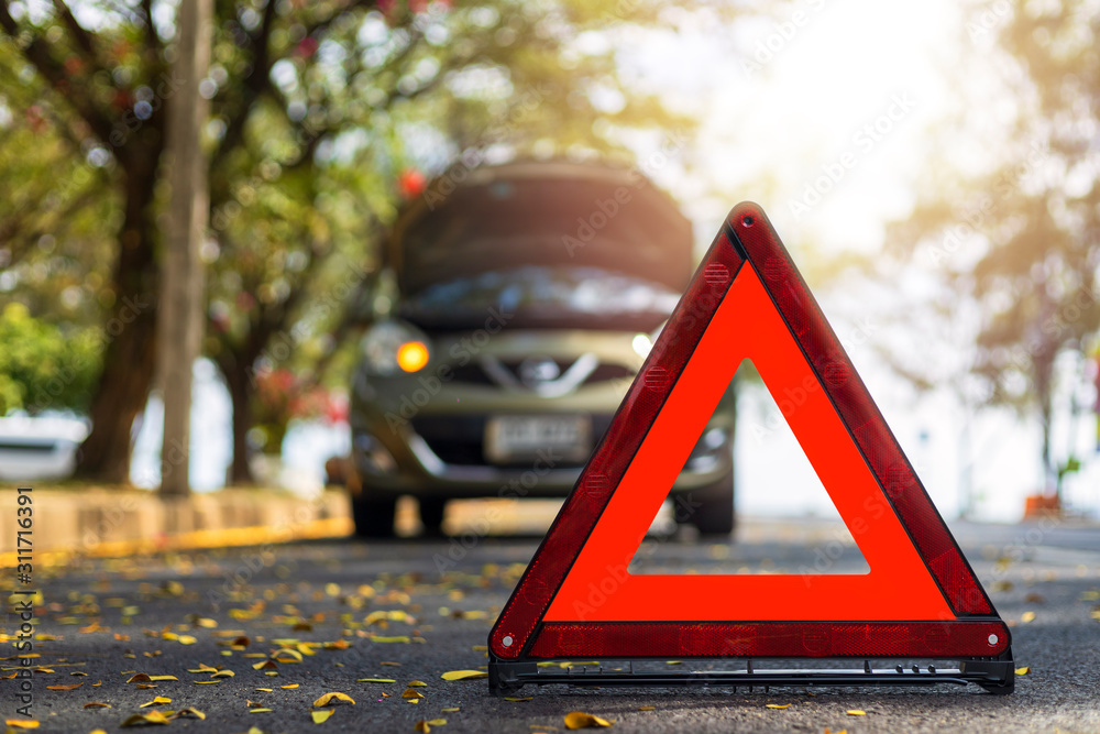 Red triangle, red emergency stop sign, red emergency symbol and car ...