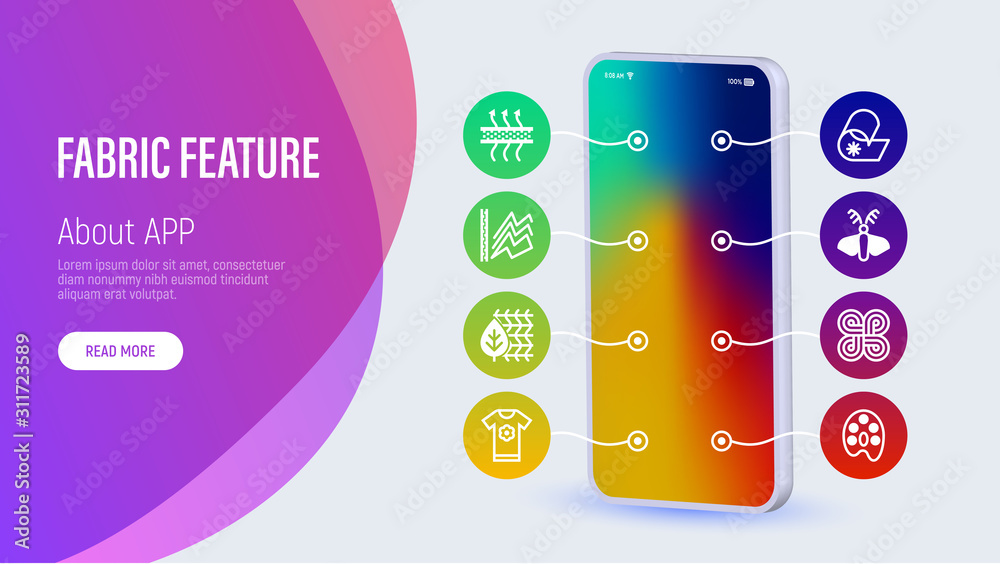 Fabric feature infographics with thin line icons around smartphone and ...