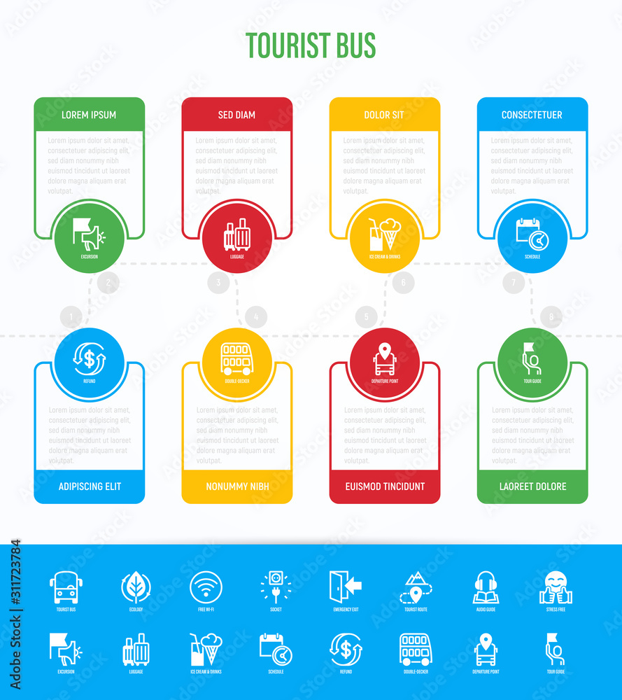 Tourist bus infographic with thin line icons: free wi-fi, schedule ...
