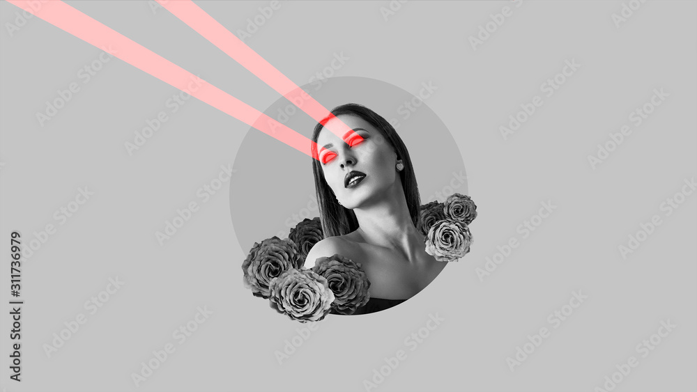 Attractive woman shoots laser beams from her eyes. Surreal portrait ...