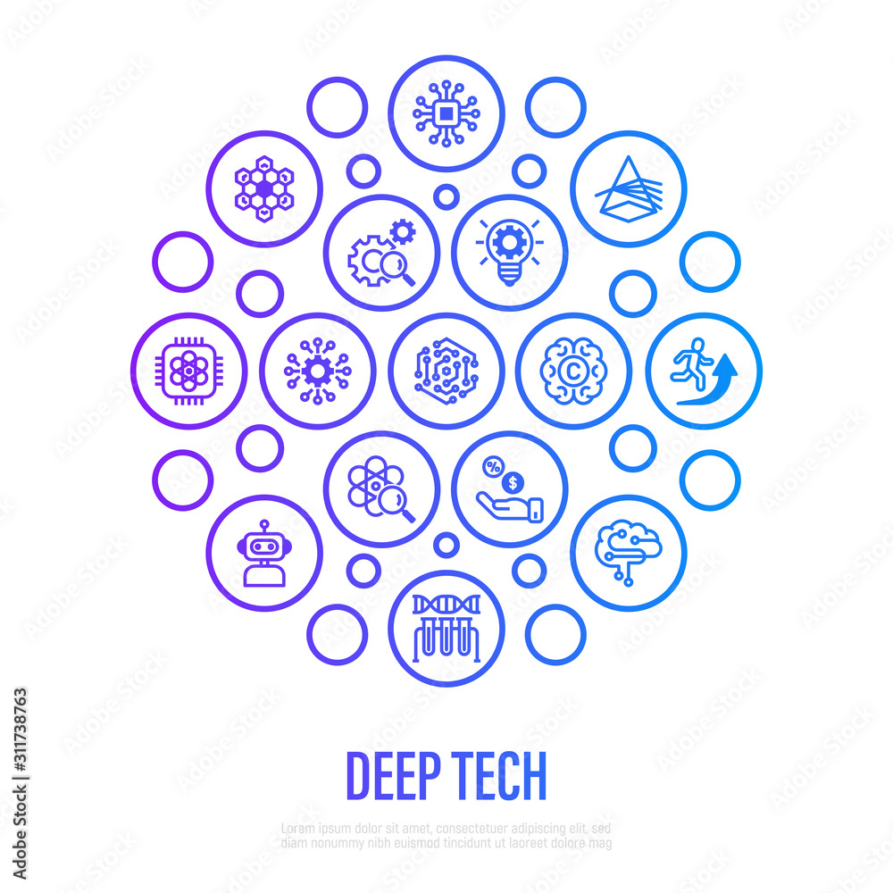 Deep tech concept in circle shape with thin line icons. Symbols of ai ...
