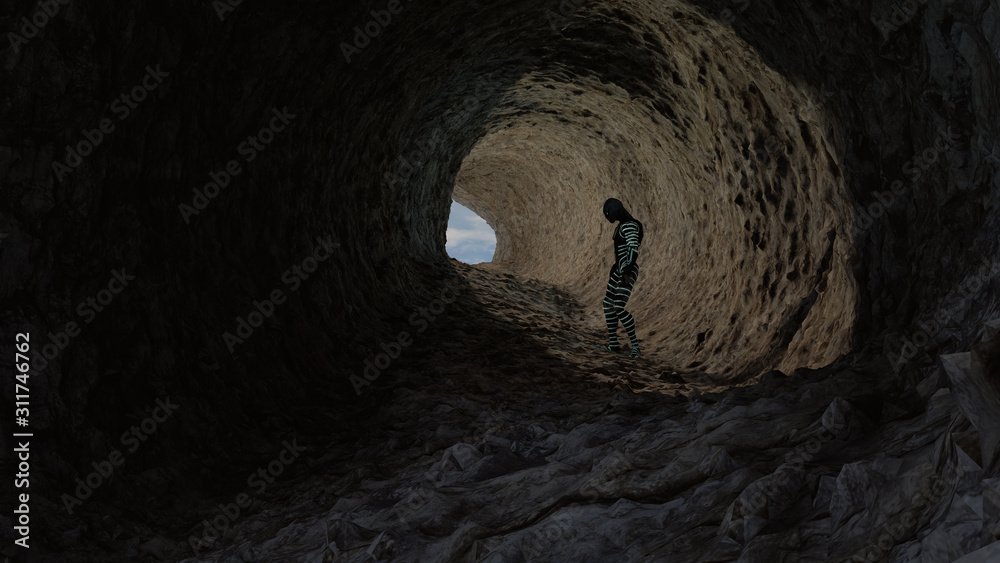 3d Illustration of a reptilian humanoid exploring a cave Stock ...